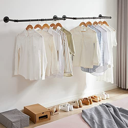 Wall Mounted Clothes Rail, 94cm Industrial Pipe Clothes Bar Rack, Heavy ...