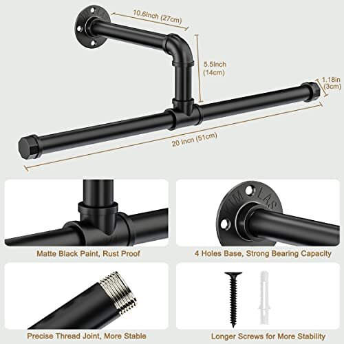 Industrial Pipe Clothes Rail, Heavy Duty Rustic Detachable Wall Mounted ...