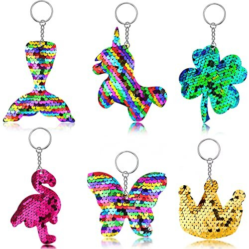 6 Pcs Sequin Keychain Party Favors Reversible Sequin Glitter Keyrings ...