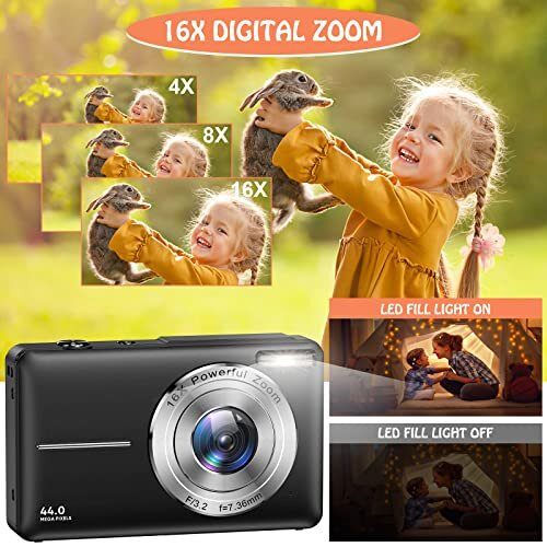 Digital Camera, FHD 1080P 44MP Compact Camera 2.4'' LCD Rechargeable ...