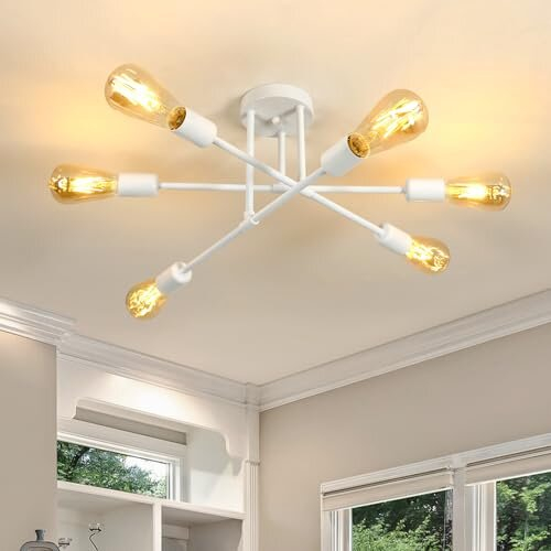 Sputnik Ceiling Light, 6-Light Matte White Flush Mount Ceiling Light, Mid-Century Modern Light ...