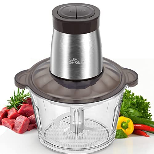 2L Food Processors 300W Electric Vegetable Chopper Glass Container with 4-304 Stainless Steel ...