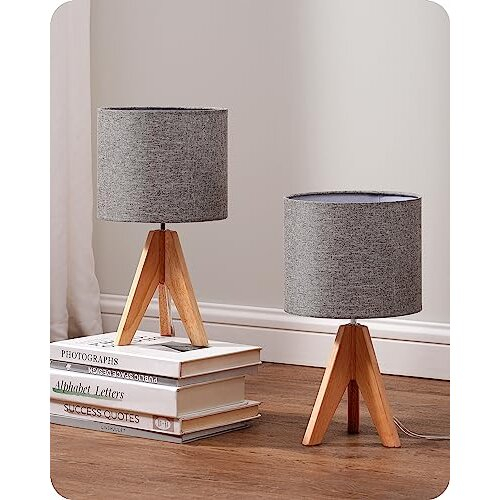 Bedside Lamps Set of 2, Wood Bedside Table Lamp, Tripod Lamp with Linen ...