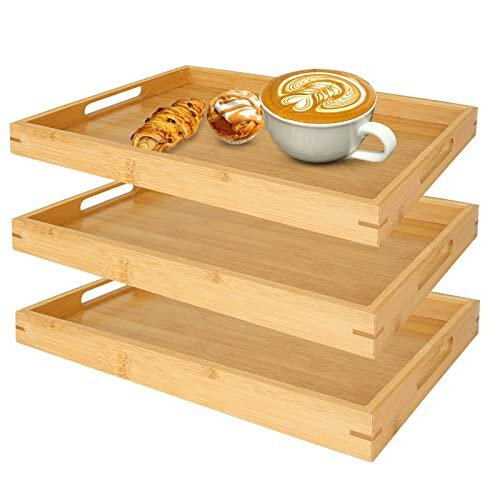 Wooden Tray Set of 3, 14"x10"x1.2" Rectangular Bamboo Tray with Handles ...