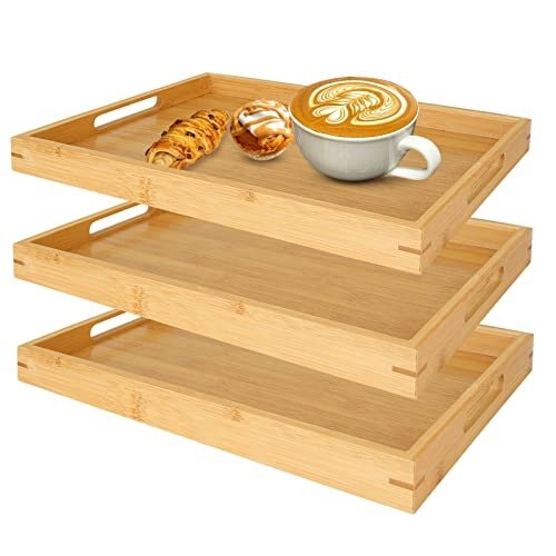 Wooden Tray Set of 3, 14"x10"x1.2" Rectangular Bamboo Tray with Handles ...