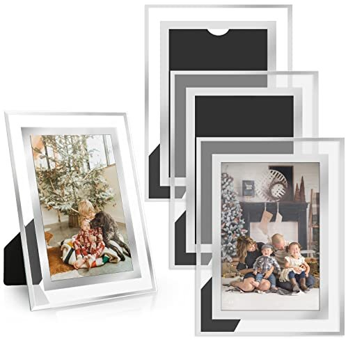 4Pack Picture Frames 6x4, Glass Photo Frames Silver Mirrored Glass ...