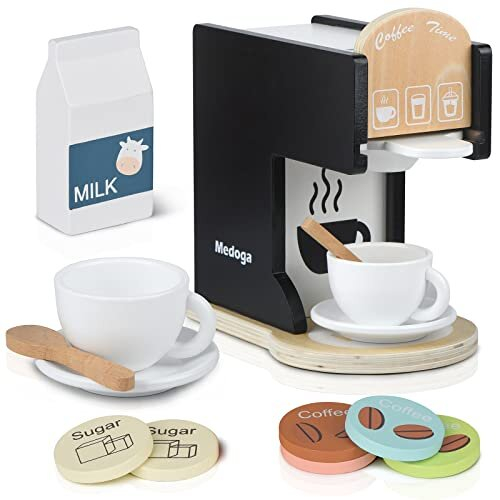 Play Kitchen Accessories Kids Wooden Coffee Maker Toy Espresso Machine ...