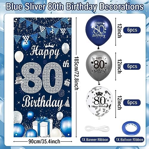 Blue 80th Birthday Decorations for Men Navy Blue Silver Happy 80th Birthday Door Banner Cover ...