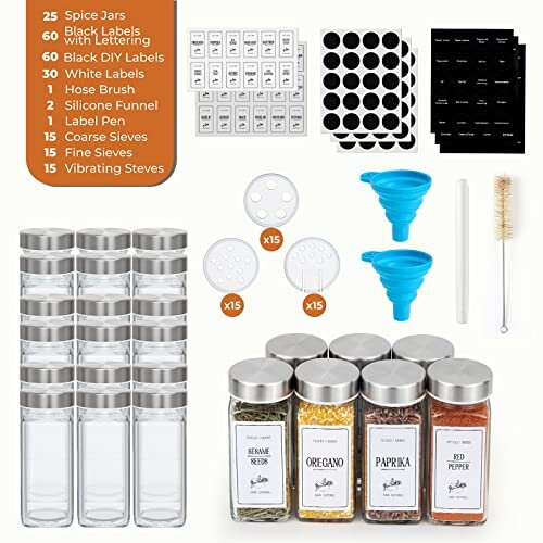 25 Pack Spice Jars with Square Stainless Steel Lids, 120ml Kitchen ...