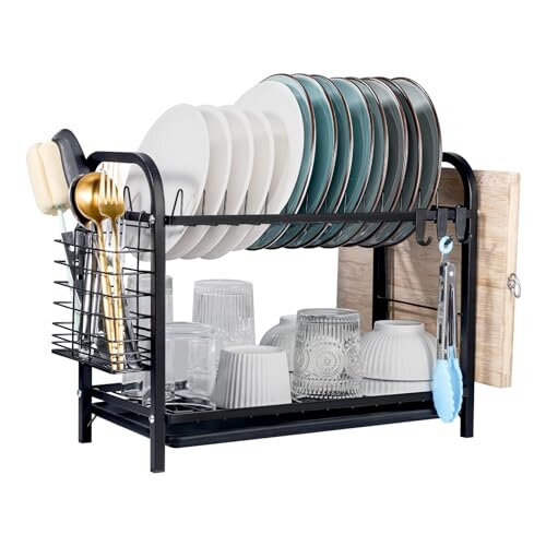 2 Tier Dish Drainer Rack, Black Dish Drying Rack Dish Rack with Drip ...