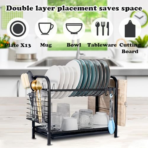 2 Tier Dish Drainer Rack, Black Dish Drying Rack Dish Rack with Drip ...