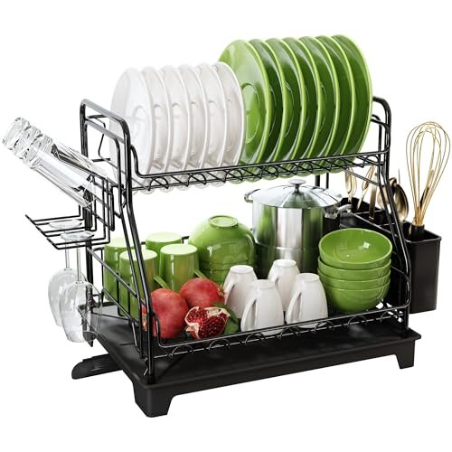 2 Tier Dish Drying Rack, Stainless Steel Dish Drainer with Drip Tray ...