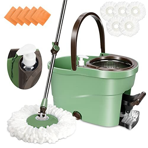 Spin Mop and Bucket Set, Mop and Buckets Sets with Foot Pedal & 5 Reusable Microfibre Pads, Wet ...