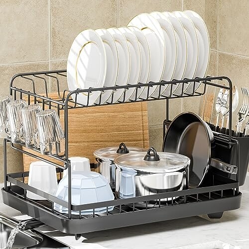 Dish Drainer Rack with Drip Tray, 2 Tier Dish Drying Rack, Dish Rack ...