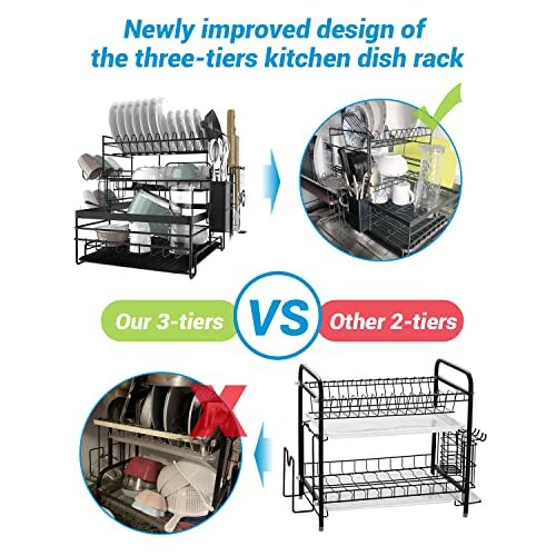 Dish Drainer Rack, 3 Tier Drain Board Rack with Drip Tray, Detachable ...