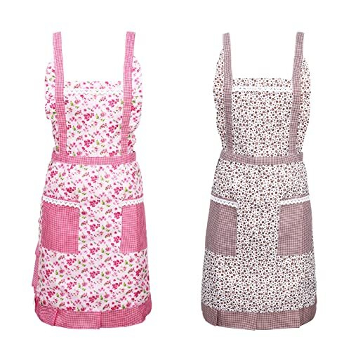 2 Pack Floral Kitchen Aprons for Women with 2 Pockets,Adjustable Rose ...