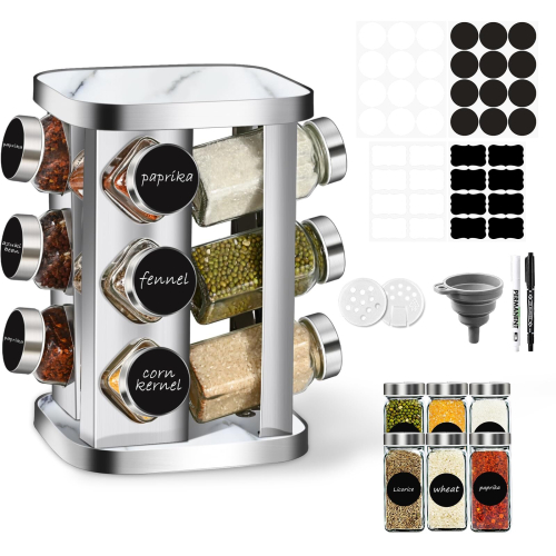 Rotating Spice Rack Organiser with 12 Square Glass Spice Jars Seasoning ...
