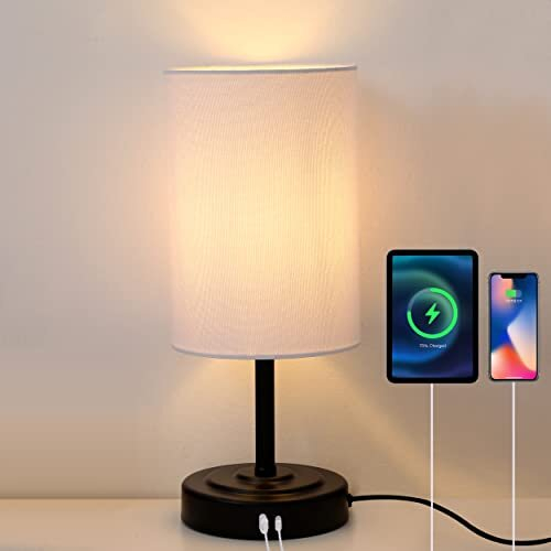Table Lamp with USB A+C Charging Ports, Modern Bedside Lamps with ...