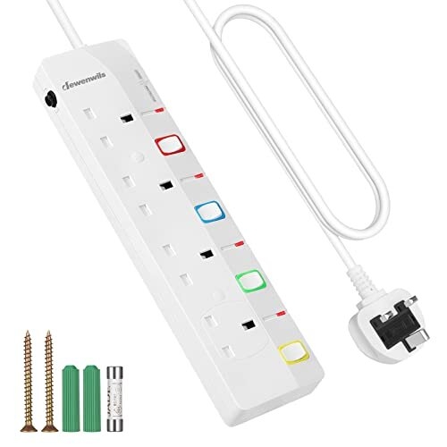 4 Way Extension Lead 3M with Individual Switches, Surge Protected Extension Cable with Indicator ...