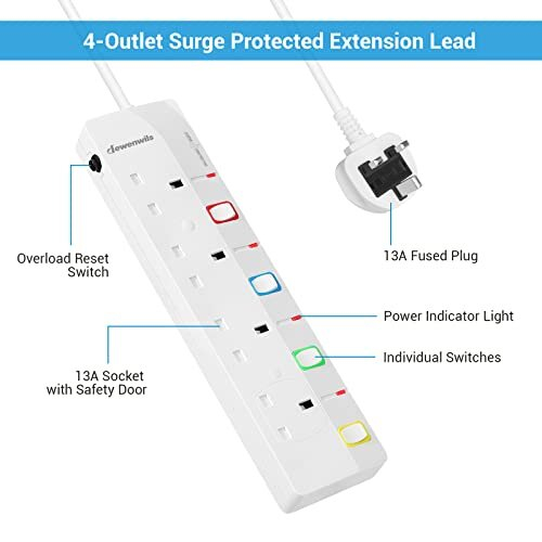 4 Way Extension Lead 3M with Individual Switches, Surge Protected Extension Cable with Indicator ...