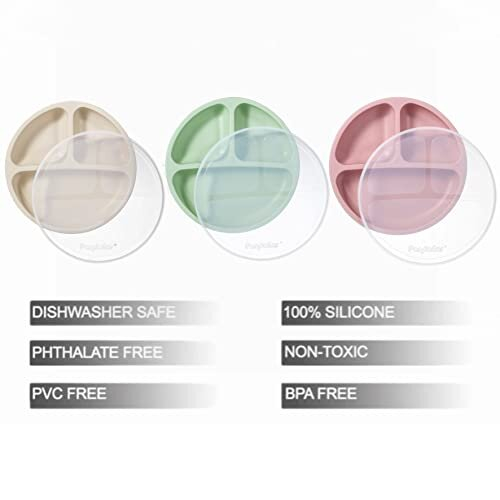 3-Pack Silicone Suction Plates with Lids for Baby Weaning - Divided ...