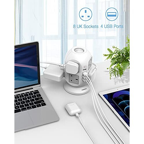 Tower Extension Lead 3M Cable, TESSAN 8 Way Surge Protected Multi Plug ...