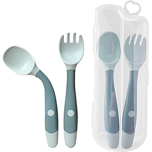 Baby Fork and Spoon Set, 360Bendable Self Feeding Utensil Raise Learning Cutlery Kit Soft ...