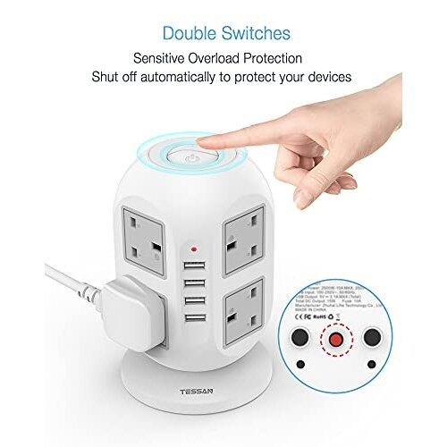 Tower Extension Lead 3M Cable, TESSAN 8 Way Surge Protected Multi Plug ...