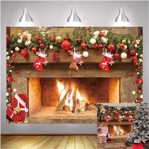 Christmas Fireplace Theme Backdrop Christmas Trees Xmas Red Stocking for Merry Christmas Eve ...