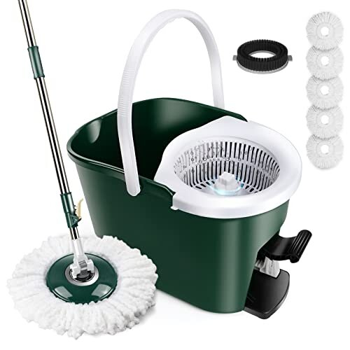 Mop and Buckets Sets, 360 Spin Mop Bucket with Foot Pedal Wringer & 5 Mircofibre Pads, 128cm ...