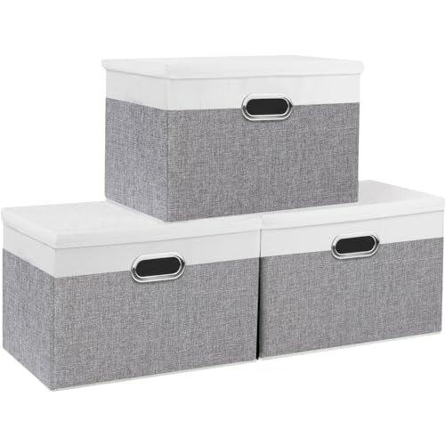 Storage Box with Lids 3 Pack, Collapsible Linen Fabric Clothing Shelf ...