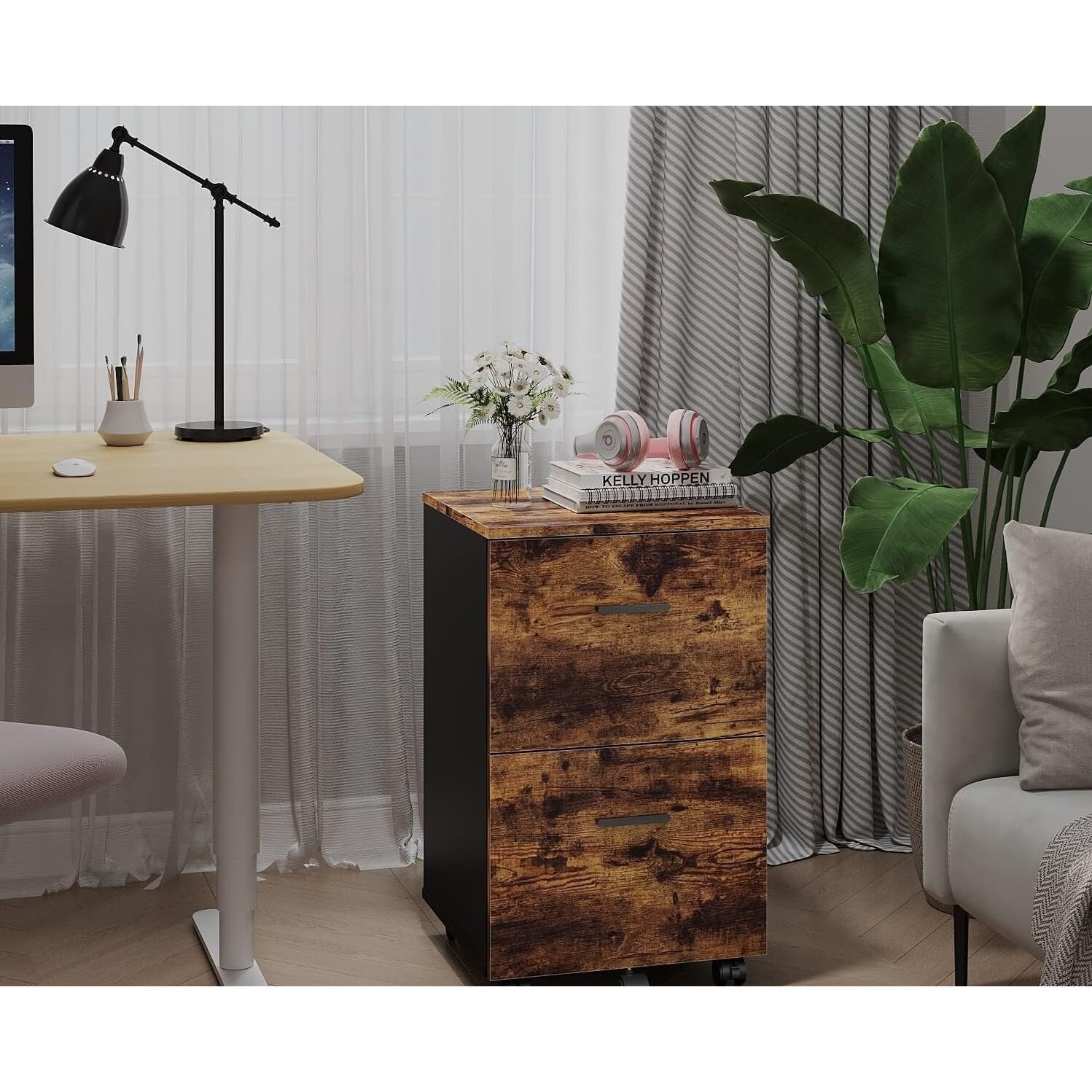 2 Drawer Wooden Rolling Industrial Look Rustic Nightstand Bedside ...