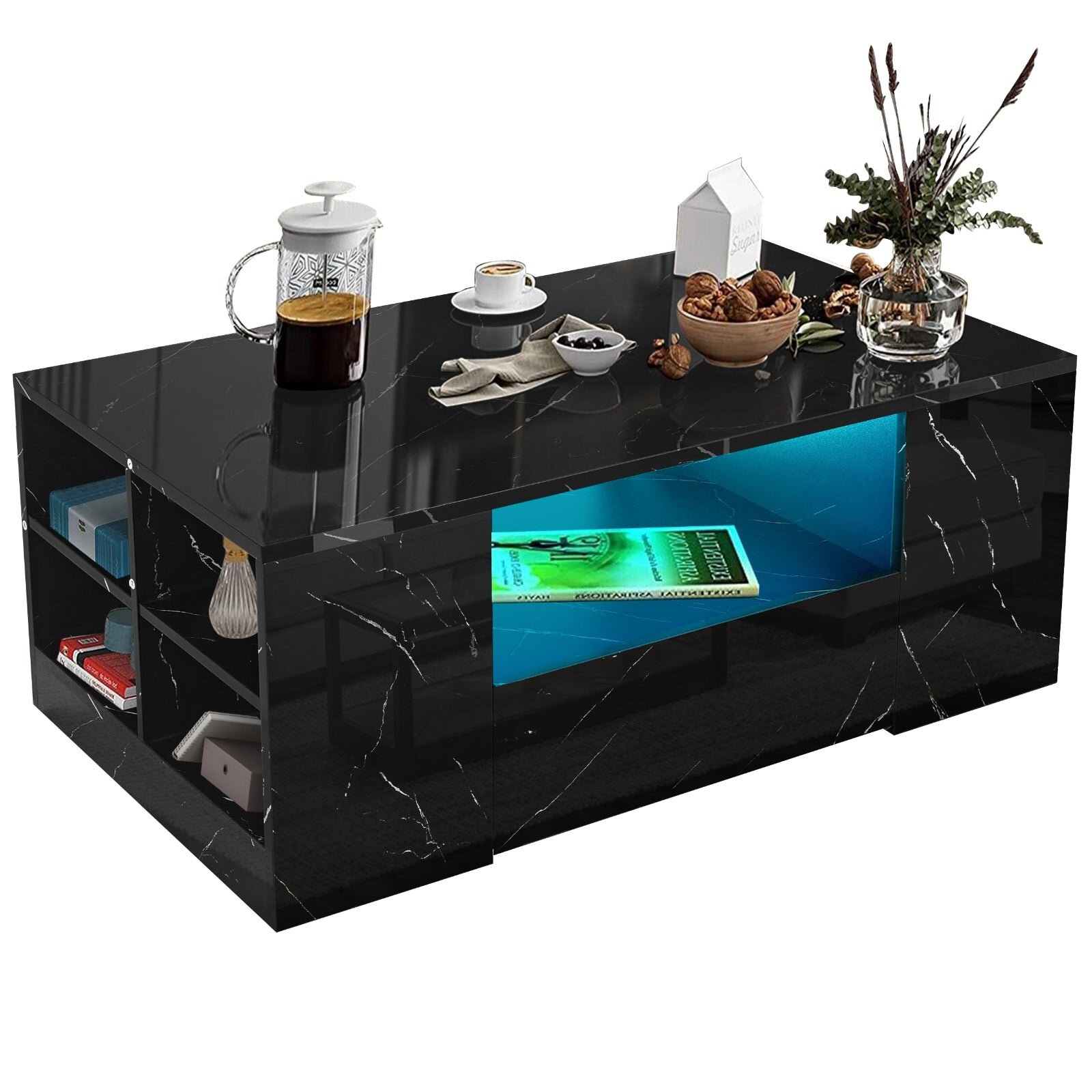 (Black High Gloss Led Coffee Table) LED Coffee Table Wooden 2 Drawer ...