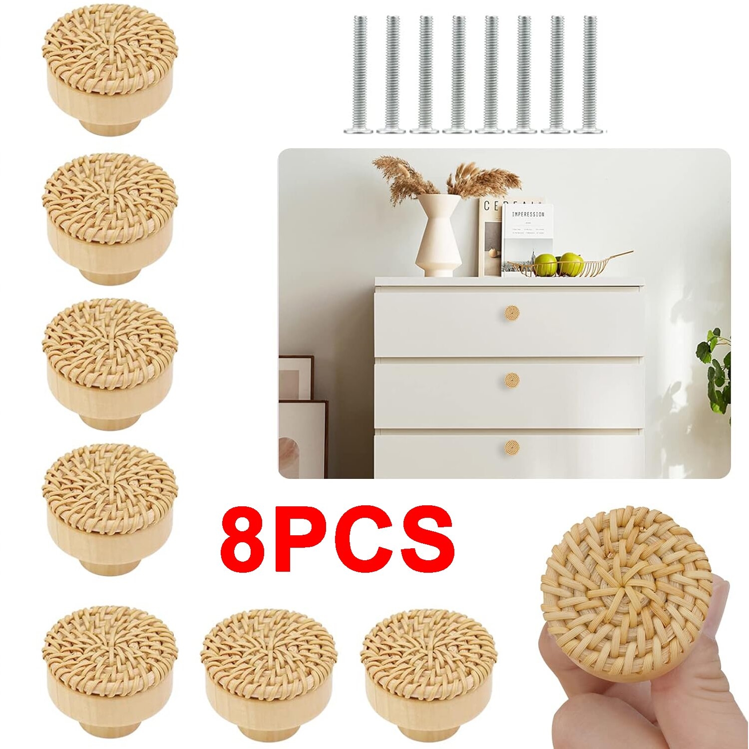 Wooden Beech Rattan Drawer Knobs Wardrobe Furniture Cupboard Door Pull ...