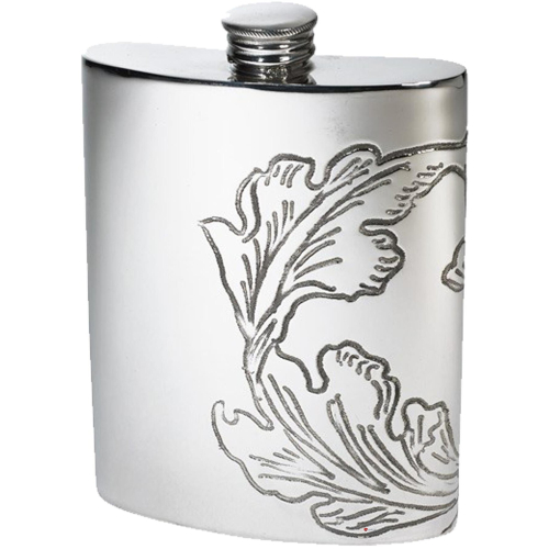 6oz Pewter Kidney Shaped Flask with Acanthus Leaf Decoration Pattern on ...