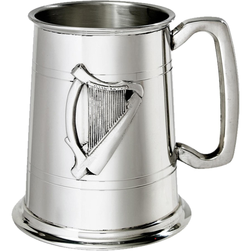 Pewter 1 Pint Tankard Raised Irish Harp Badge Double Line Detail to Top ...