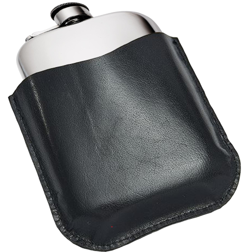 Plain Pewter Pocket Flask 6oz in Black Genuine Leather Pouch with Screw ...