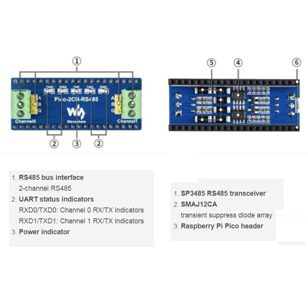 Pico-2CH-RS485, 2-Channel RS485 Module for Pico, SP3485 Transceiver, UART to RS485, Standard Pi ...
