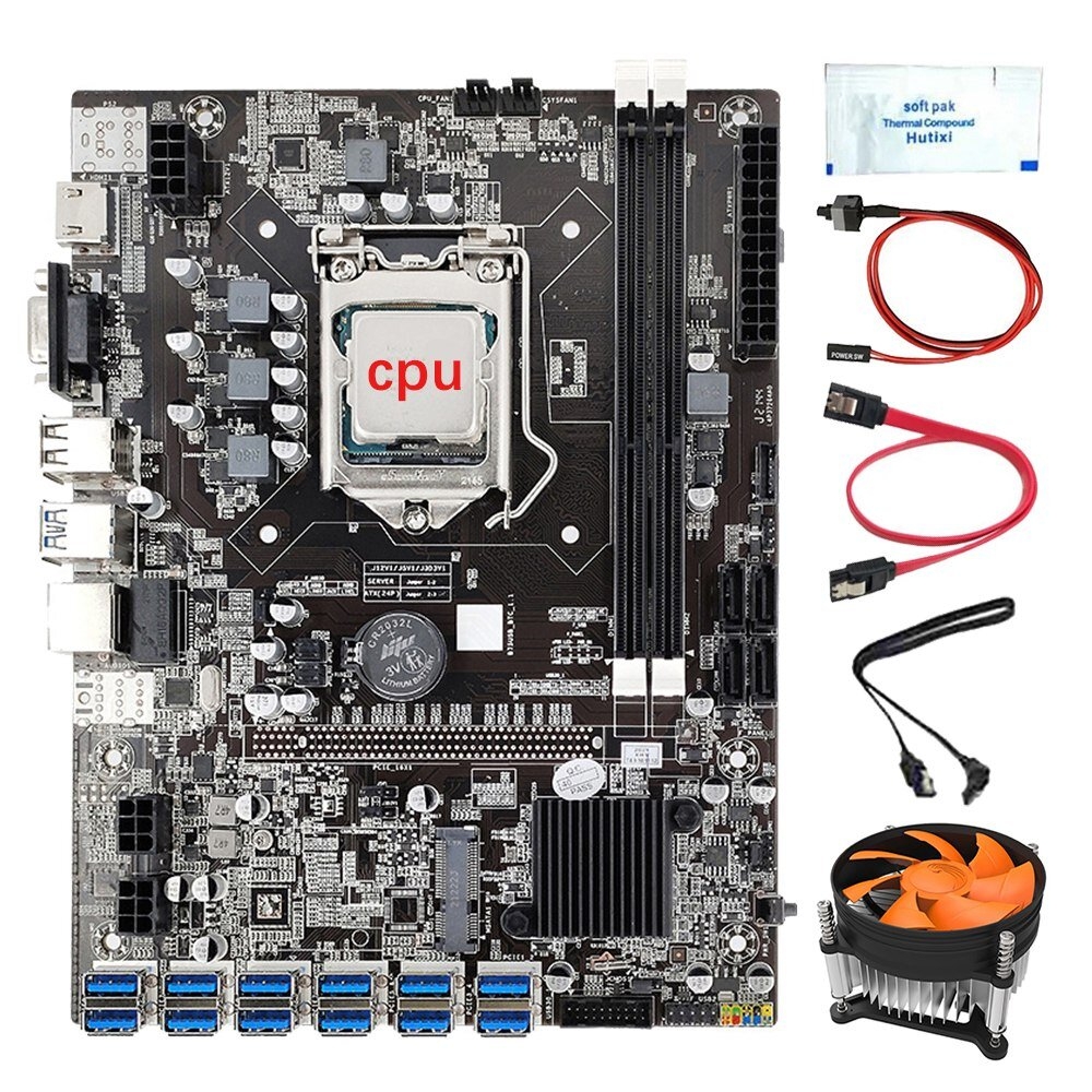 B75 12 GPU Mining Motherboard+CPU+Fan+Thermal Grease+Switch Cable+2X SATA Cable 12 USB3.0 Slot ...
