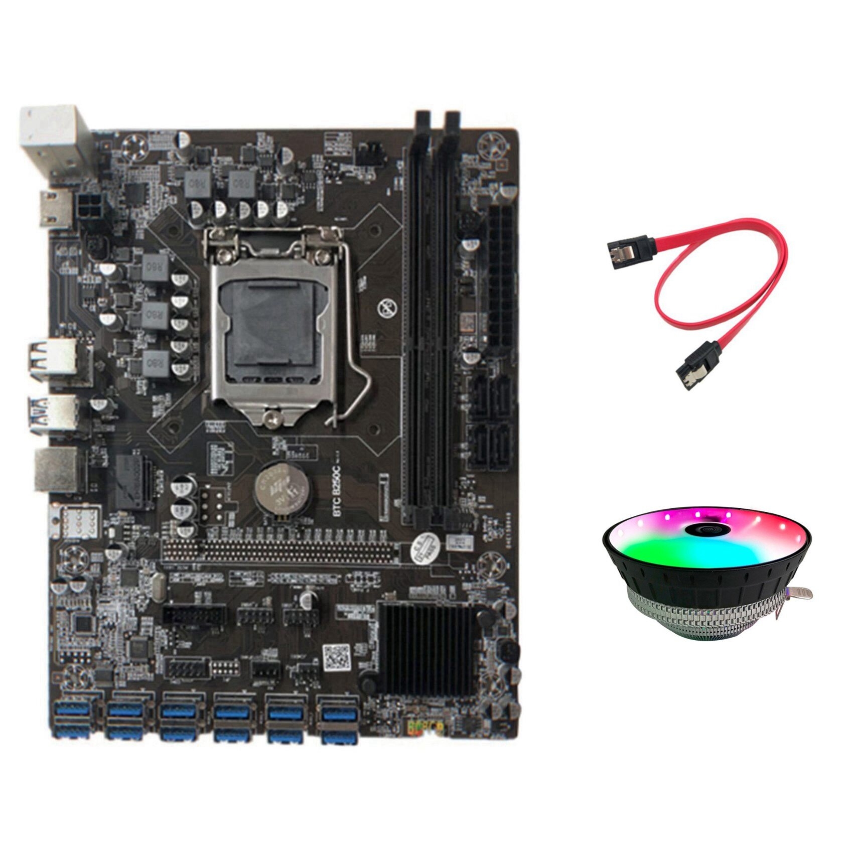 BTC B250C Mining Motherboard with RGB Cooling Fan+SATA Cable 12 PCIE to USB3.0 Graphics Card ...