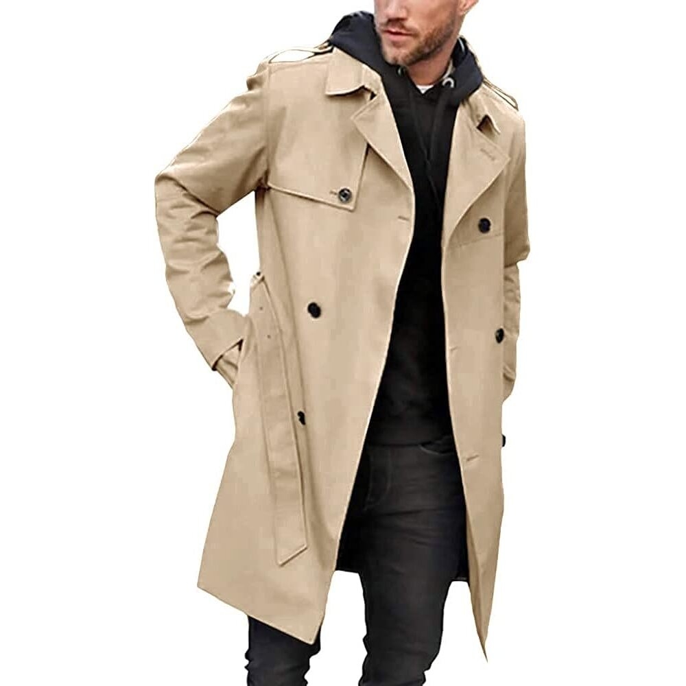 (xl, Khaki) Men's Trench Coat Slim fit Double Breasted Belted ...