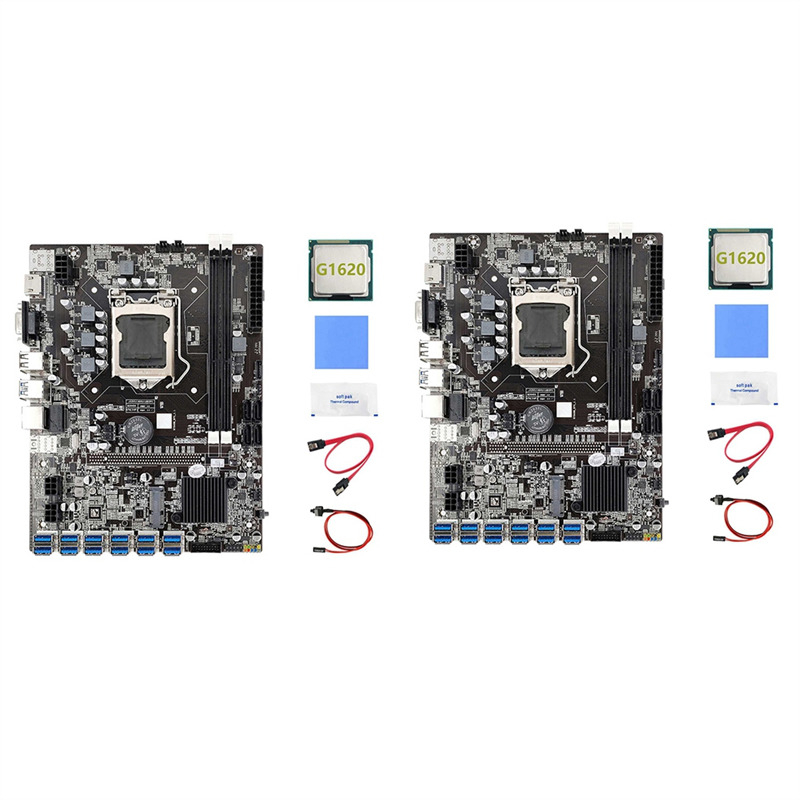 2X B75 ETH Mining Motherboard 12 PCIE to USB+G1620 CPU+Switch Cable+SATA Cable+Thermal Grease ...