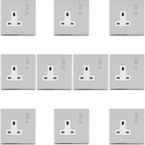 10 PACK 1 Gang DP 13A Switched UK Plug Socket SCREWLESS POLISHED CHROME ...