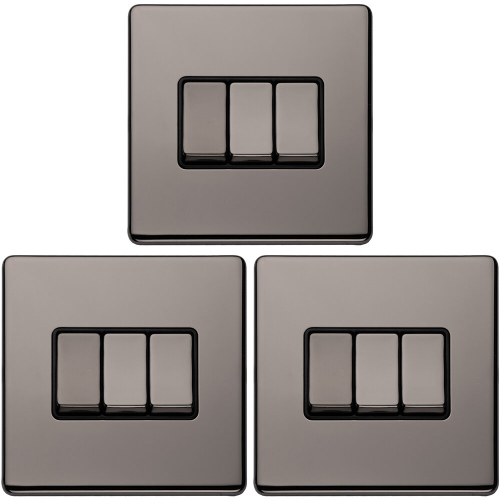 3 PACK 3 Gang Triple Light Switch SCREWLESS BLACK NICKEL 2 Way 10A Slim ...