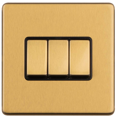 3 Gang Triple Light Switch SCREWLESS SATIN BRASS 2 Way 10A Metal Rocker ...