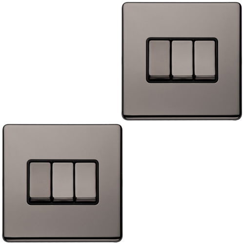 2 PACK 3 Gang Triple Light Switch SCREWLESS BLACK NICKEL 2 Way 10A Slim ...