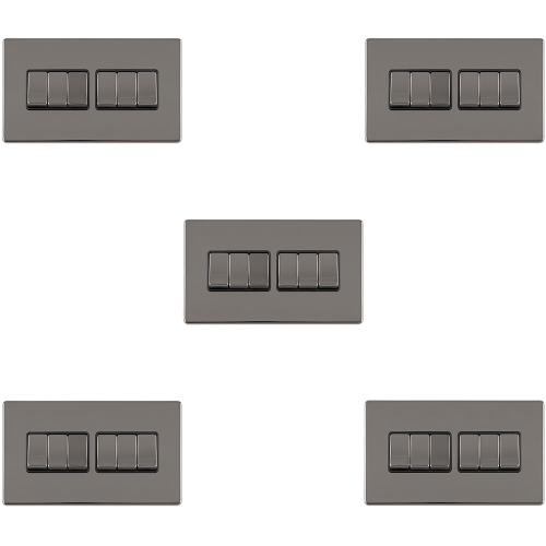 5 PACK 6 Gang Multi Light Switch SCREWLESS BLACK NICKEL 2 Way 10A Slim ...