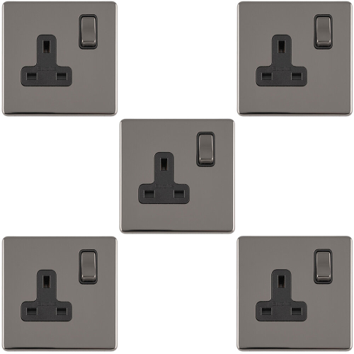 5 PACK 1 Gang DP 13A Switched UK Plug Socket SCREWLESS BLACK NICKEL ...