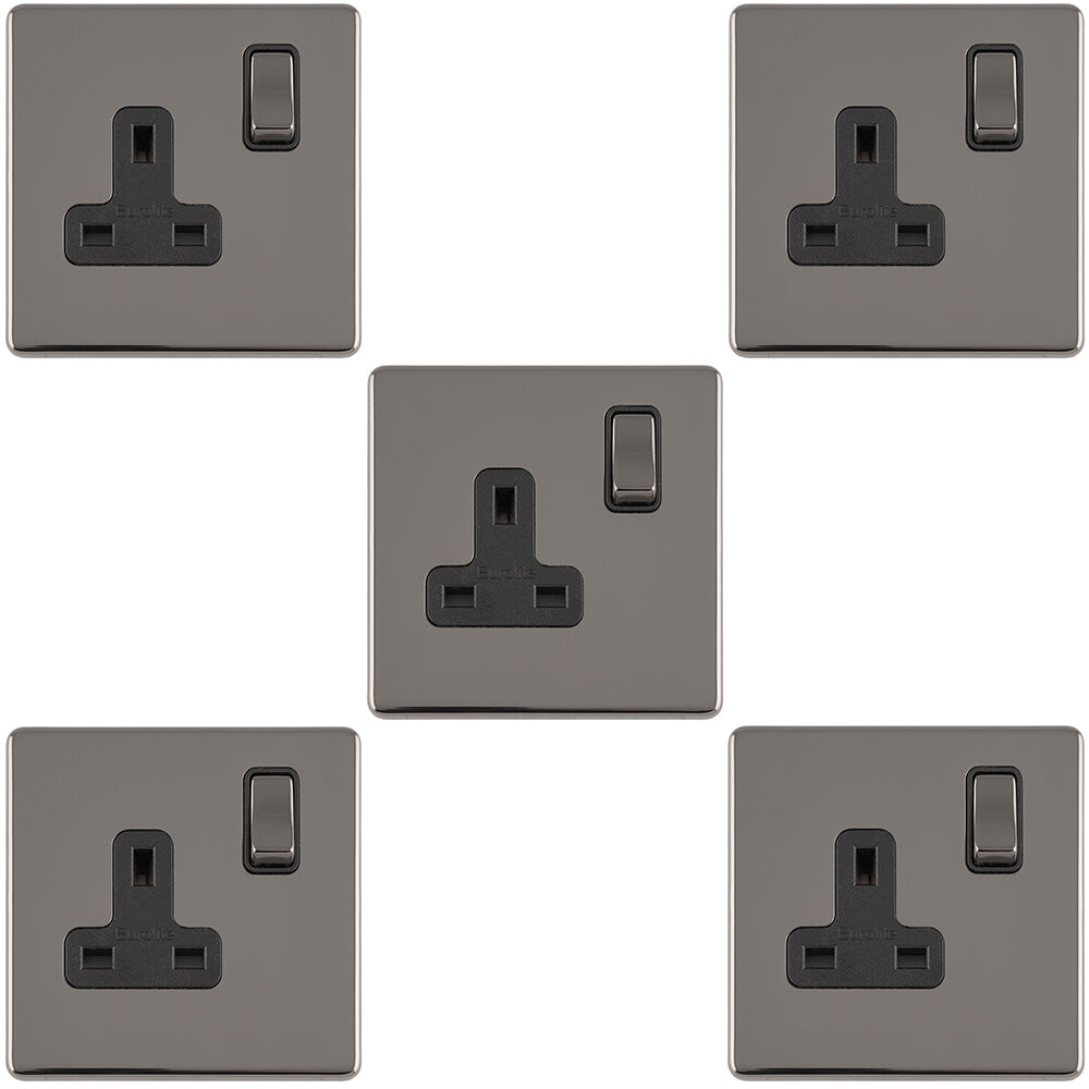 5 PACK 1 Gang DP 13A Switched UK Plug Socket SCREWLESS BLACK NICKEL ...