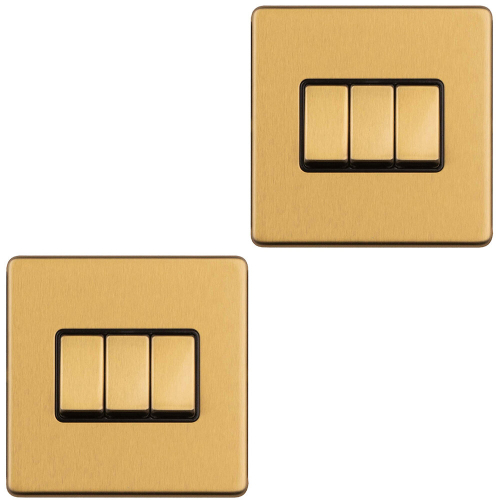 2 PACK 3 Gang Triple Light Switch SCREWLESS SATIN BRASS 2 Way 10A Slim ...
